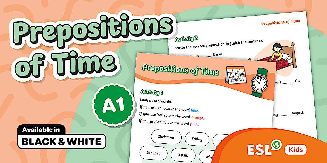 ESL Time Prepositions Activity Sheet for Kids