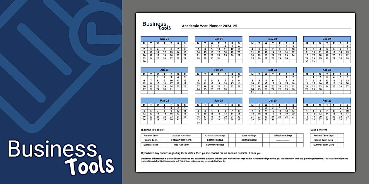 Printable Annual Business Calendar (Academic Year)