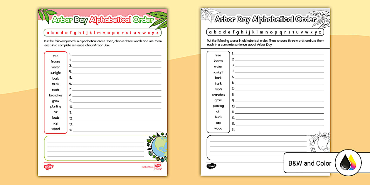 Arbor Day Alphabetical Order Worksheet for 1st-2nd Grade