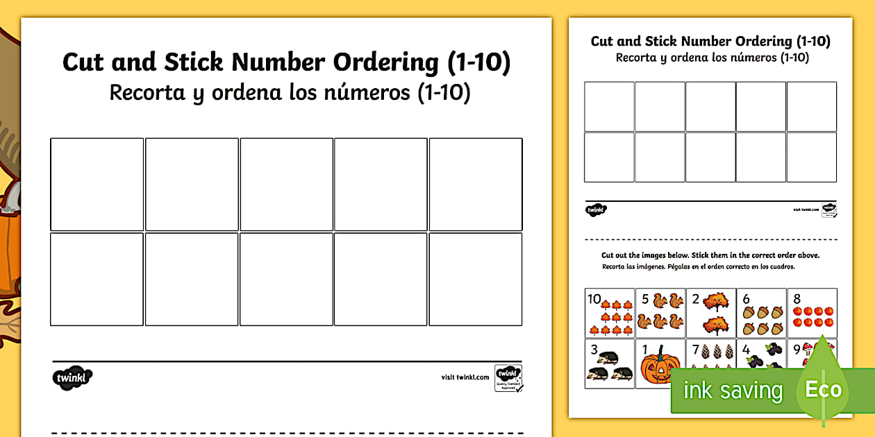 Autumn Themed Cut and Stick Number Ordering Worksheet / Worksheet
