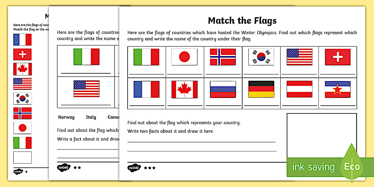 KS1 Match the Flags Differentiated Worksheet / Worksheet