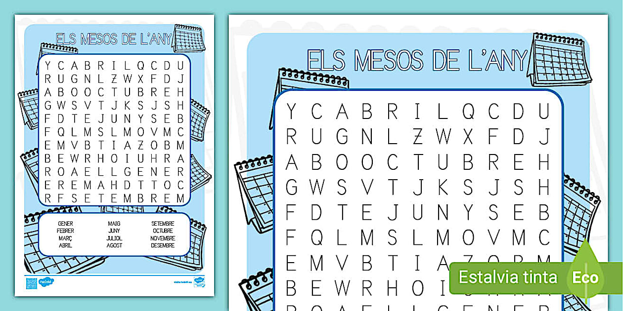Sopa de lletres: Els mesos de l'any - Català - Twinkl