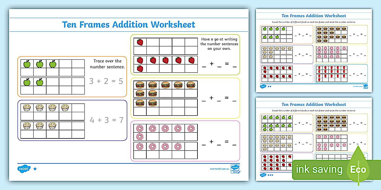 10 Frame Addition Worksheet (teacher made) - Twinkl
