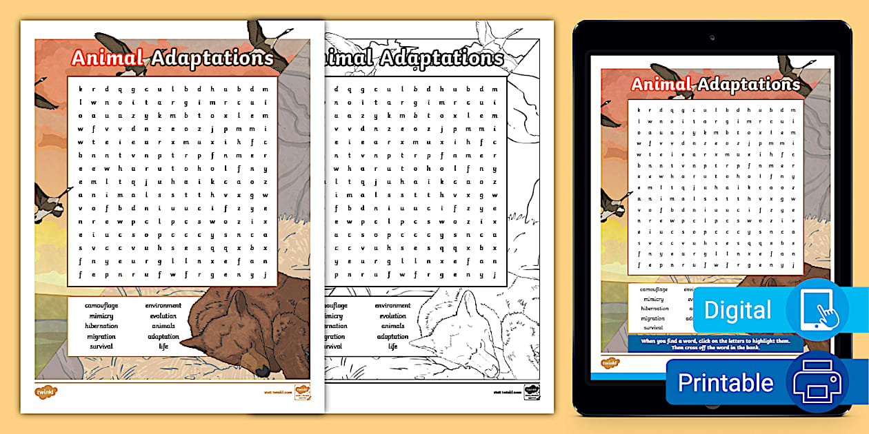 Animal Adaptations Word Search for 3rd-5th Grade - Twinkl