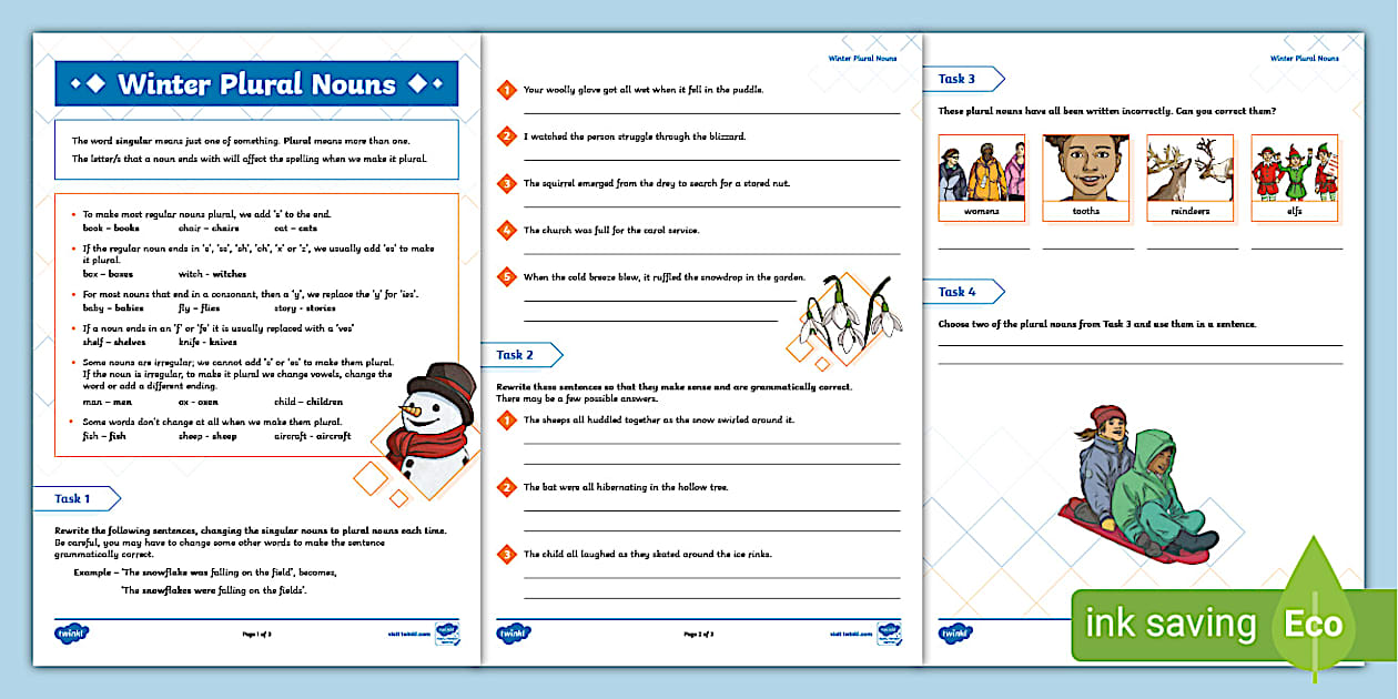 Plural Nouns Activity Sheets Winter (teacher made) - Twinkl