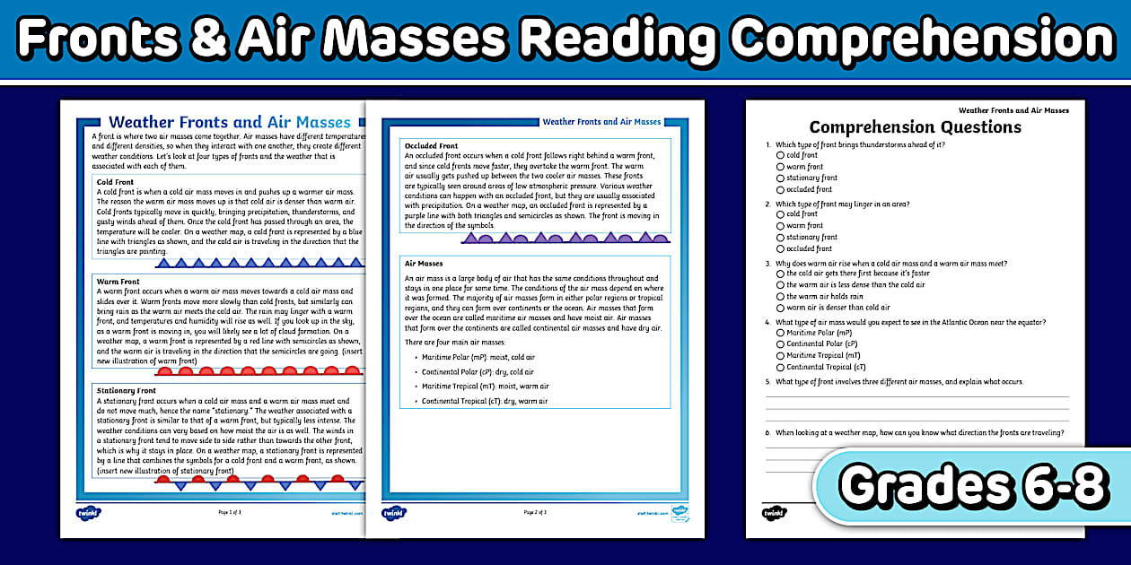 8th gd Weather Fronts and Air Masses Reading Comprehension