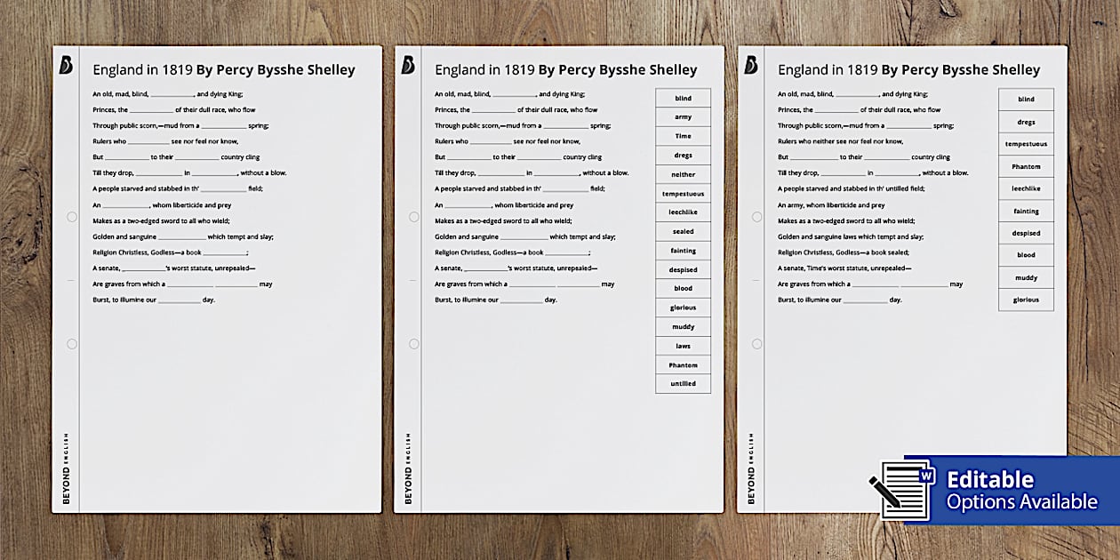 England in 1819 Cloze Activity | GCSE Poetry | Beyond