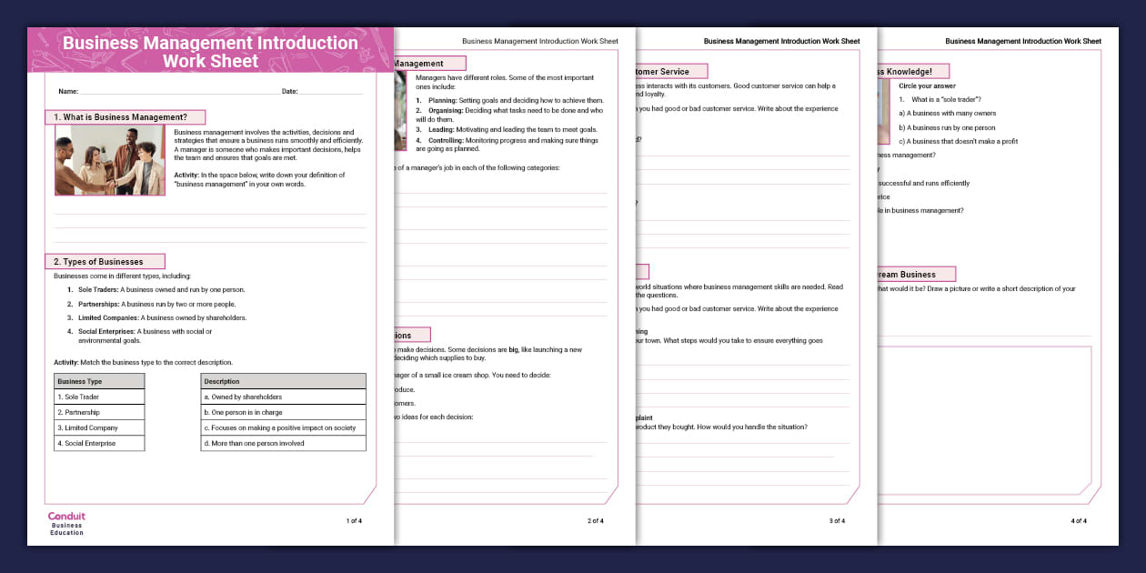 Business Management Introduction Work Sheet (teacher made)