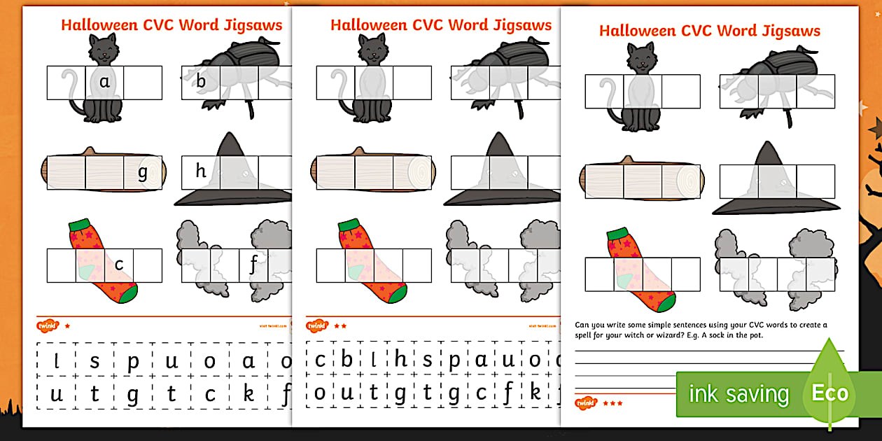 Black and White Halloween CVC Word Jigsaw Differentiated Worksheets