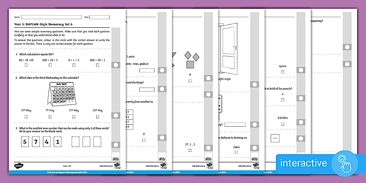 Year 5 NAPLAN-Style Interactive PDF Numeracy Tests - Set 6