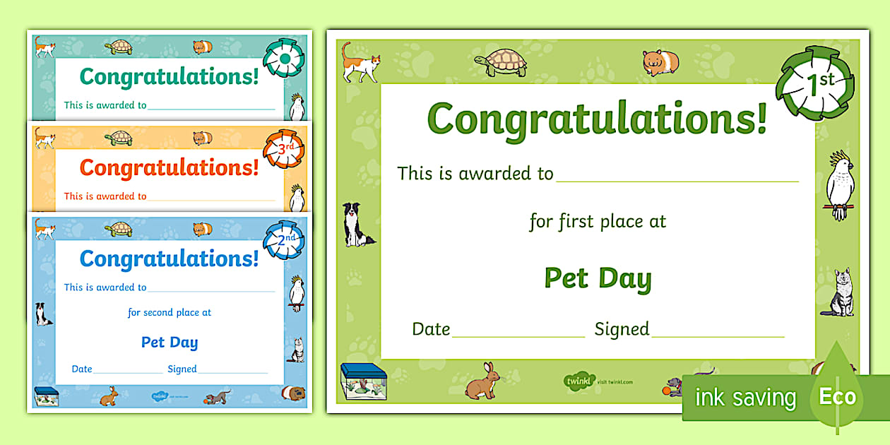 Editable Domestic Animals Style Pet Day Certificates
