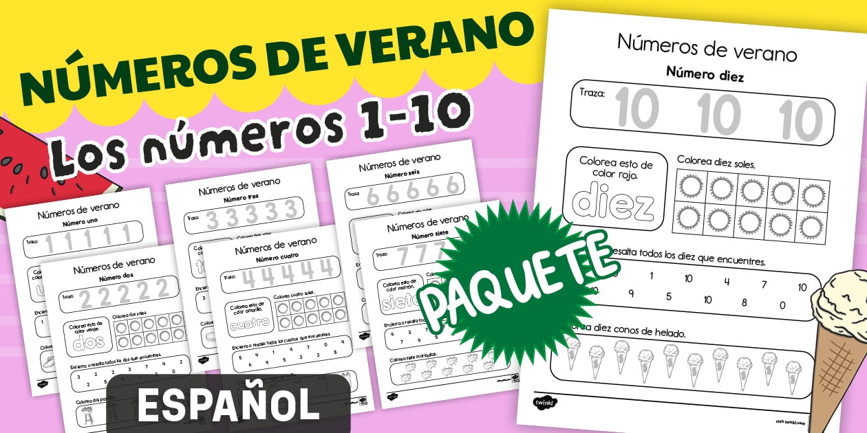 Paquete de números de verano: Hojas de trabajo de los números del uno ...