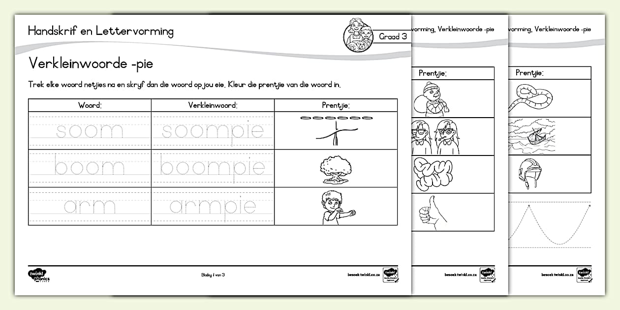 Graad 3 klanke handskrif verkleinwoorde 'pie' (teacher made)