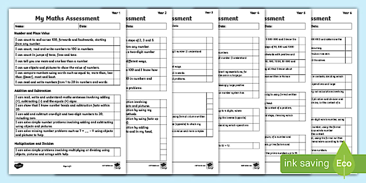 Year 1-6 Child Friendly Maths Targets Checklist - Twinkl