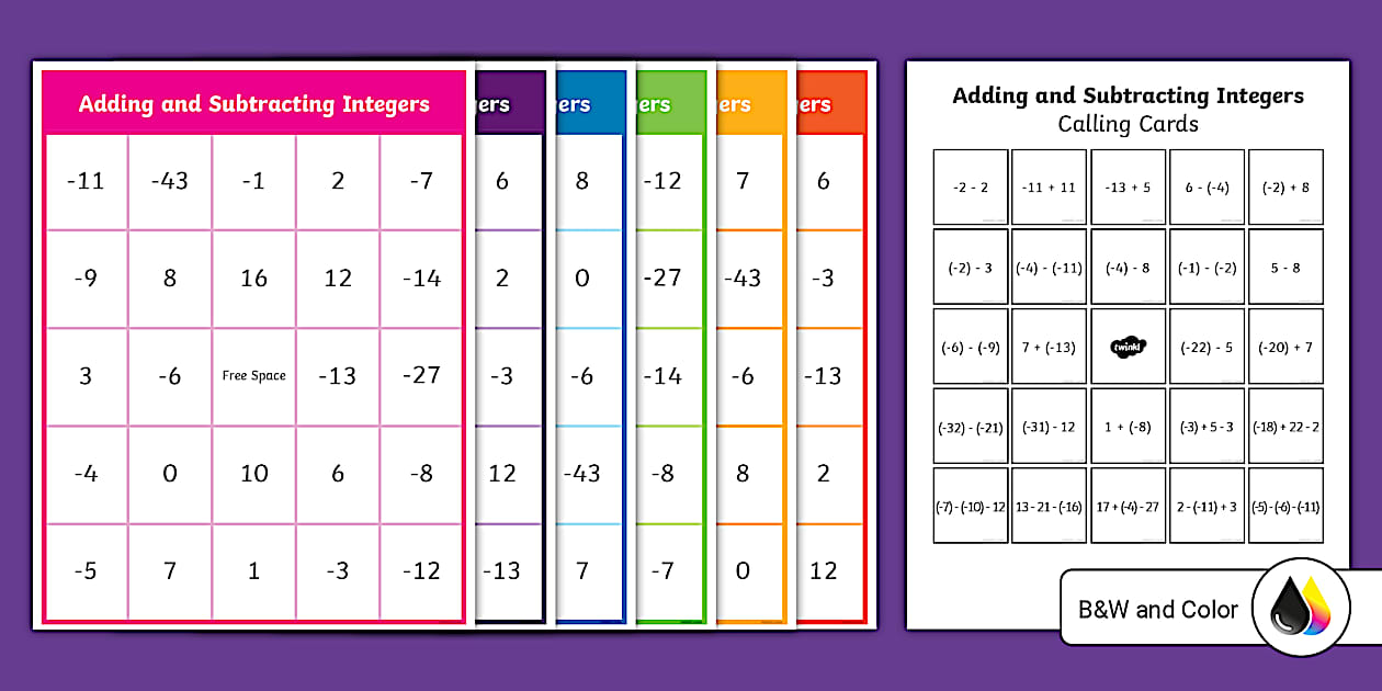 Adding and Subtracting Positive and Negative Integers Bingo for 6th-8th ...