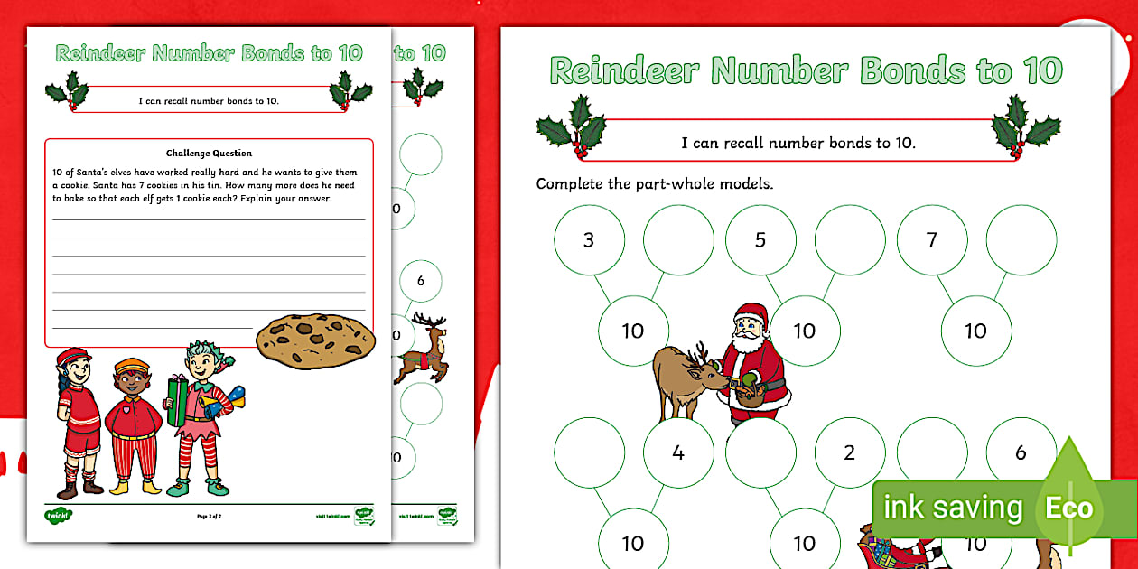 👉 Reindeer Number Bonds of 10 Christmas Activity - Twinkl