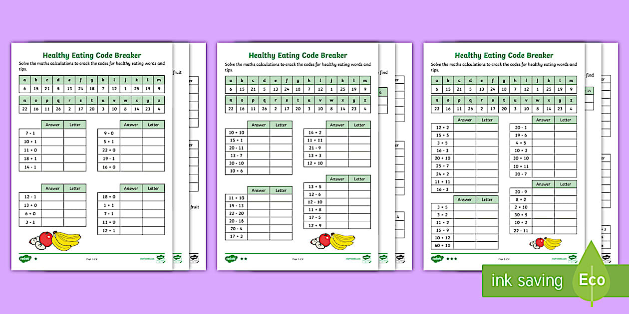 KS1 Healthy Eating Code Breaker Maths Worksheets - Twinkl
