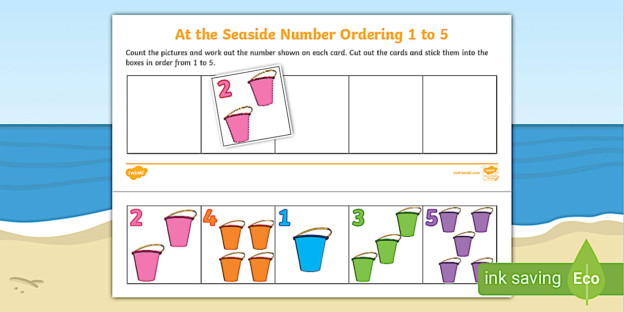 👉 At the Seaside Cut and Stick Number Ordering Sheet 1 to 5