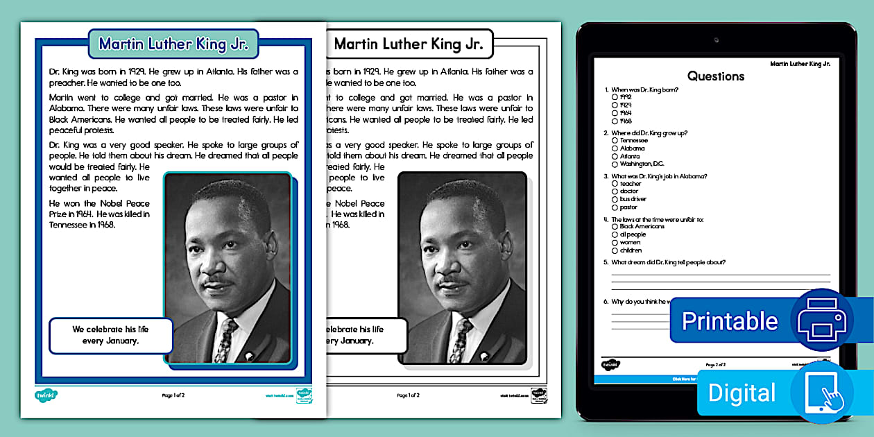 First Grade Martin Luther King Jr. Reading Comprehension