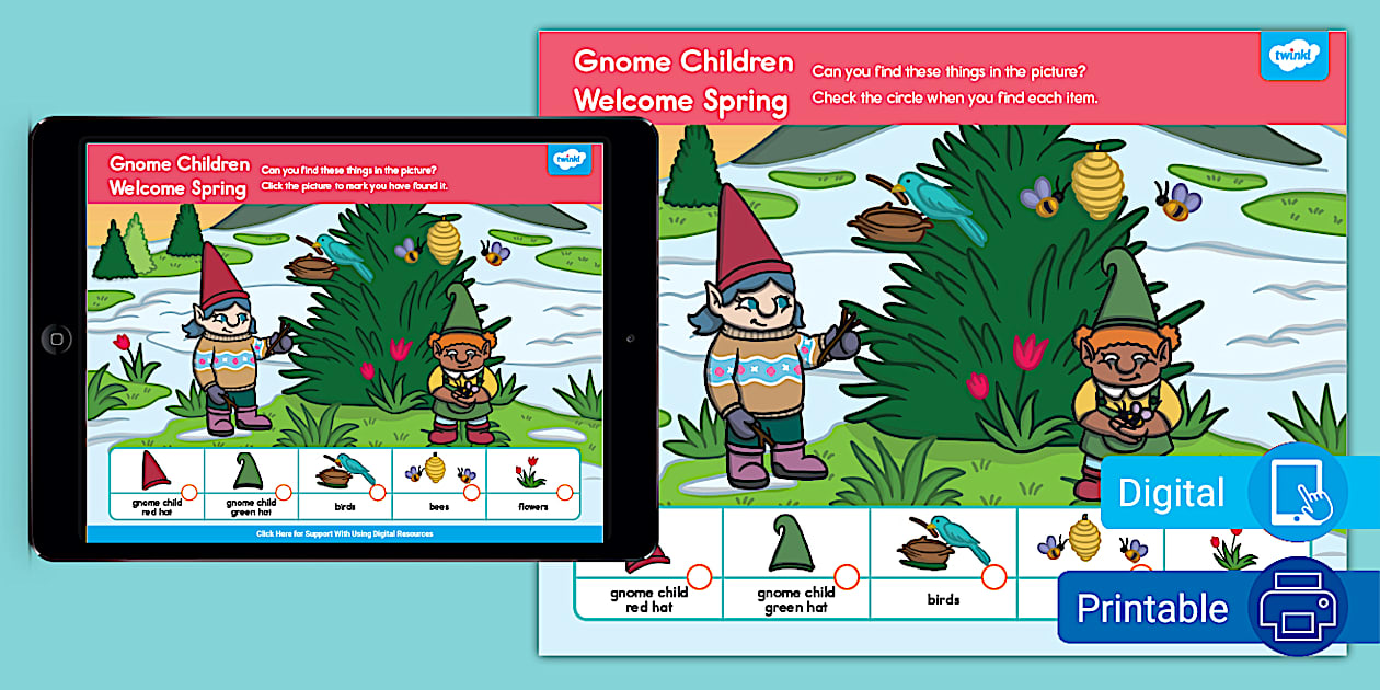 Gnome Children Welcome Spring Can You Find? Picture Activity
