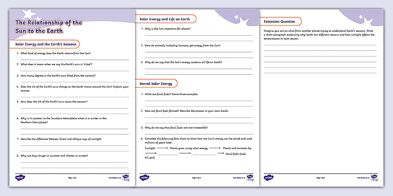 The Relationship of the Sun to the Earth – Grade 7 Homework