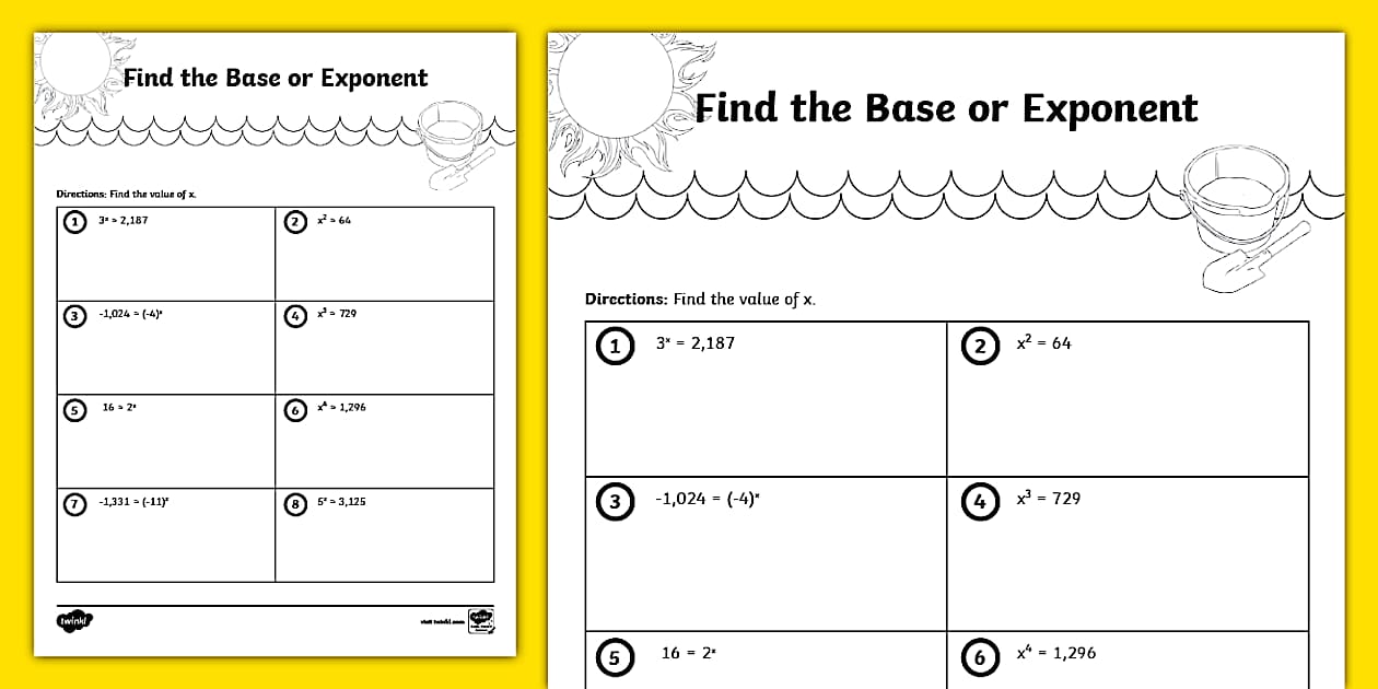 Seventh Grade Find the Base or Exponent Practice Worksheet