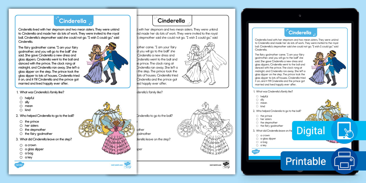 Cinderella Reading Passage Comprehension Worksheet