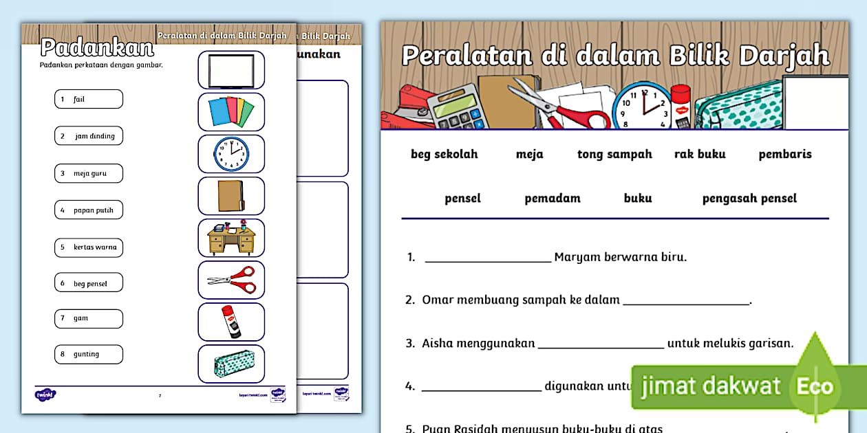 Lembaran Kerja - Peralatan Di Dalam Bilik Darjah - Twinkl