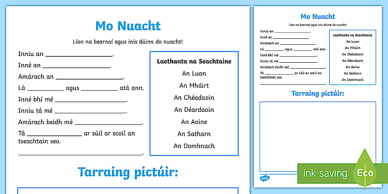 Mo Nuacht Writing Worksheet Gaeilge (teacher made) - Twinkl