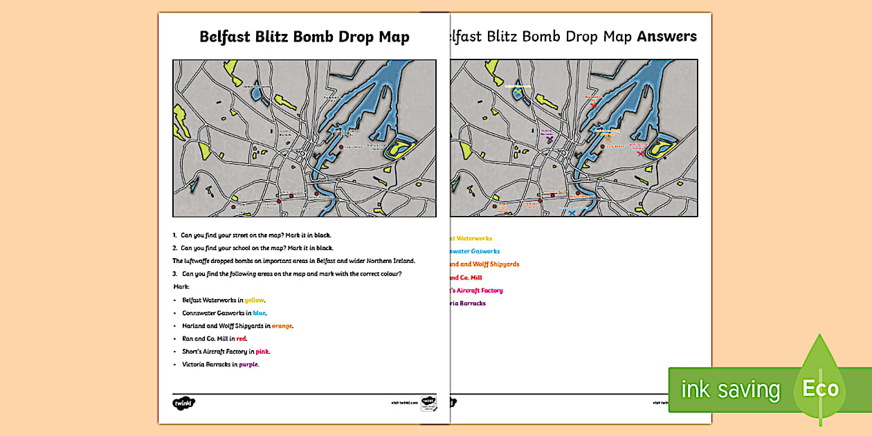 Black and White Belfast Blitz Bomb Drop Map - Twinkl