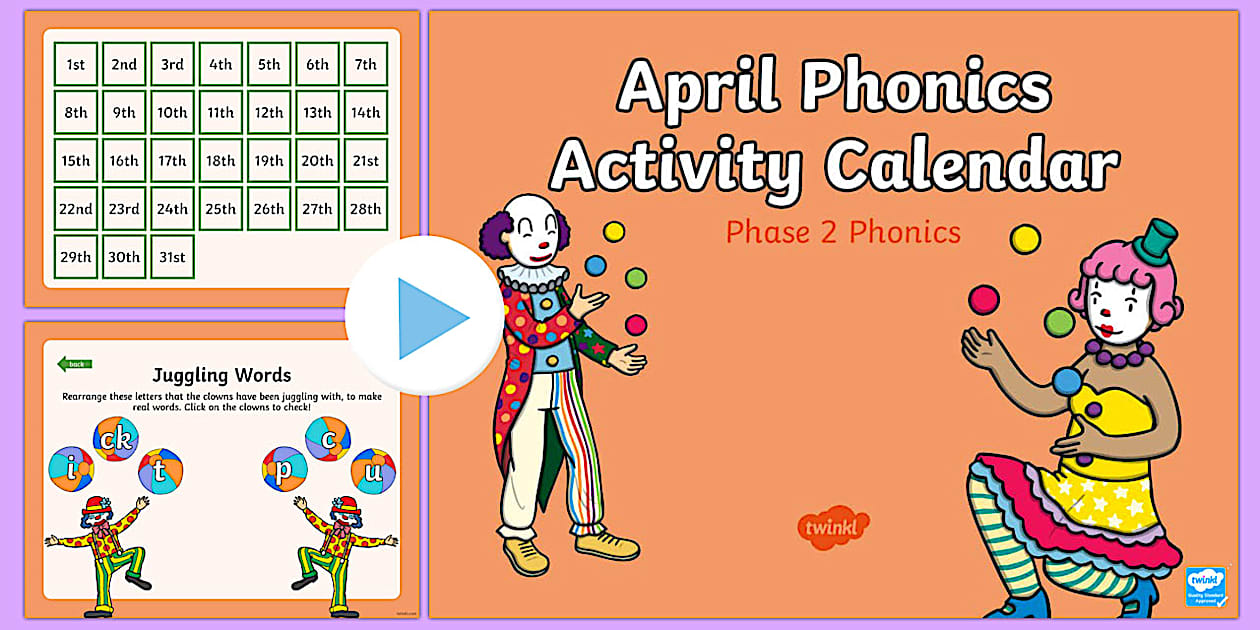 Phase 2 April Phonics Activity Calendar PowerPoint - Twinkl