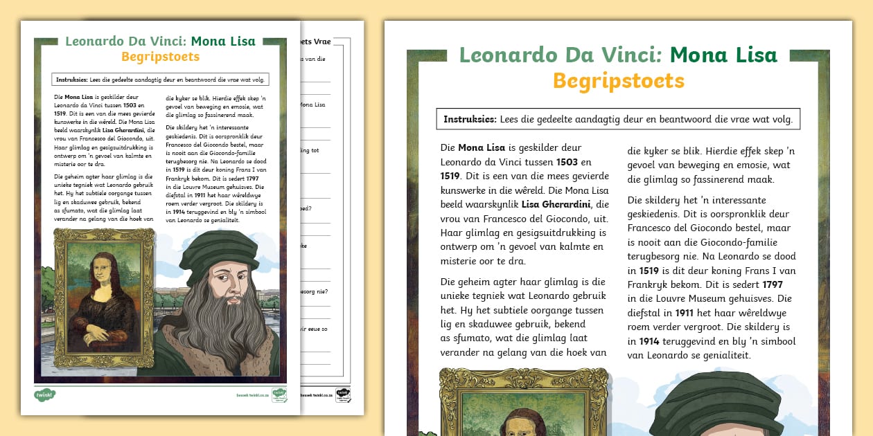 Leonardo Da Vinci: Mona Lisa Begripstoets - Twinkl