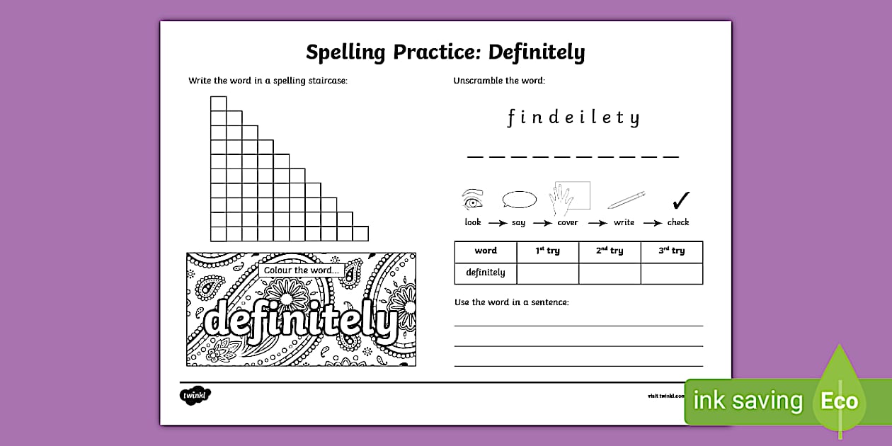 Definitely Spelling Practice Worksheet (Teacher-Made)