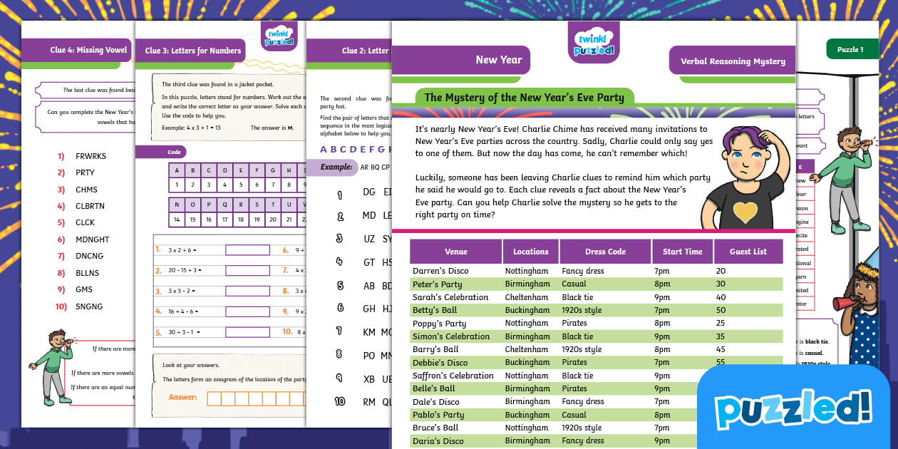 New Year's Eve Verbal Reasoning Mystery | Twinkl Puzzled