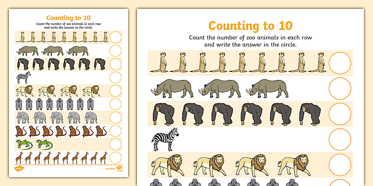 Zoo Animals Counting to 10 Worksheet (teacher made) - Twinkl
