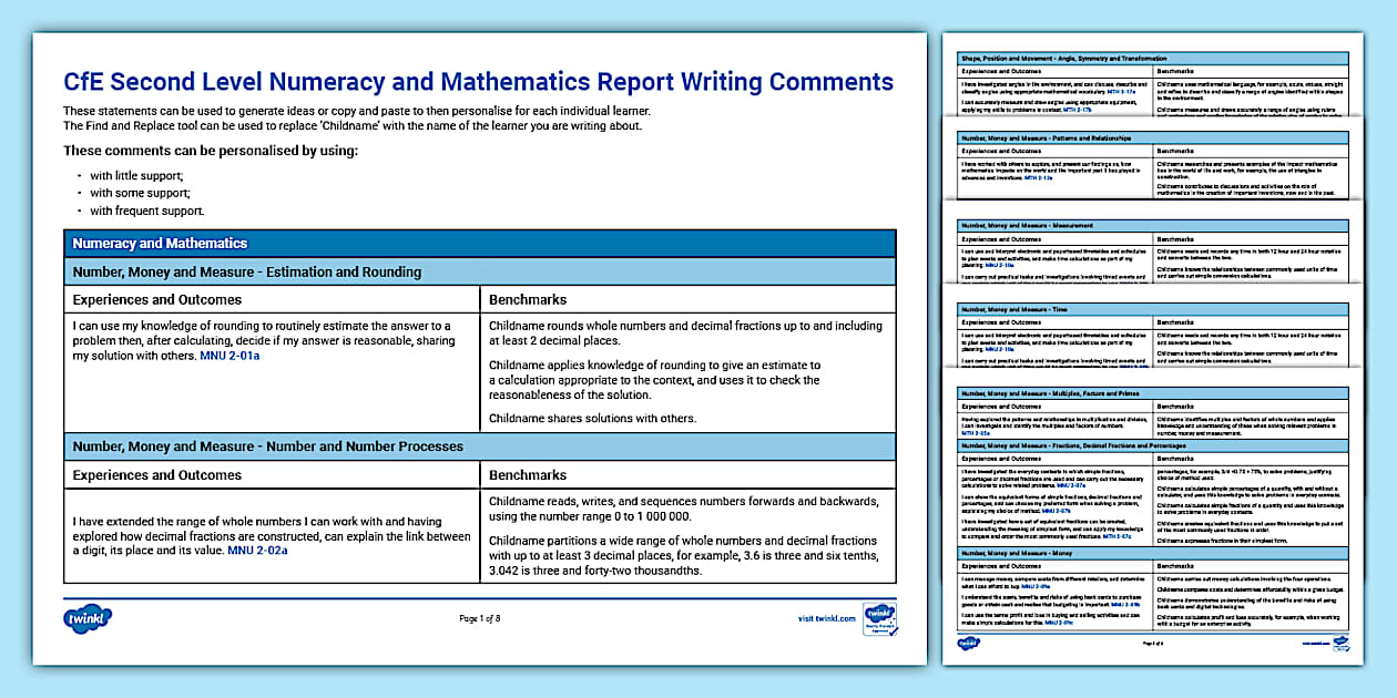 CfE Second Level Numeracy and Mathematics Report Comments