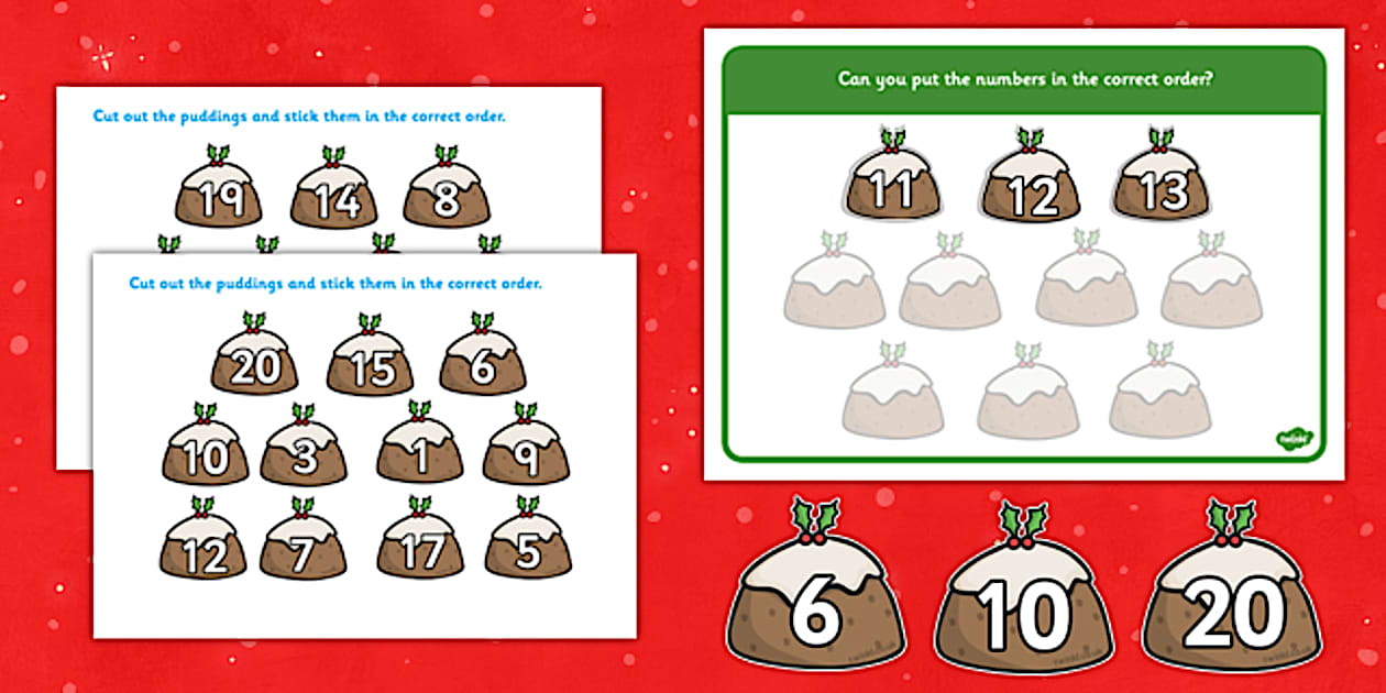 Christmas Number Ordering Activity 0-20 Christmas Puddings