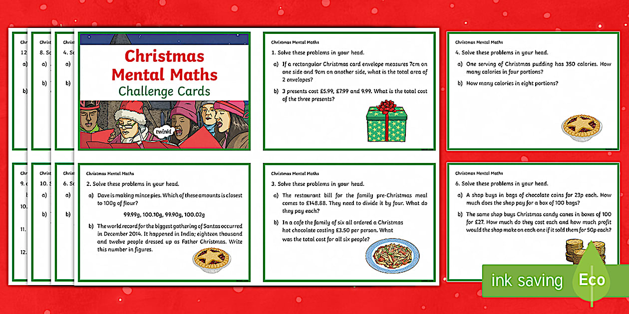 Editable Y5 Christmas Mental Maths Challenge Cards - Twinkl