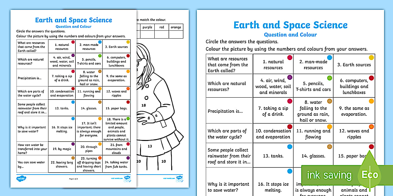 Year 2 Earth and Space Science Questions and Colouring Worksheet ...