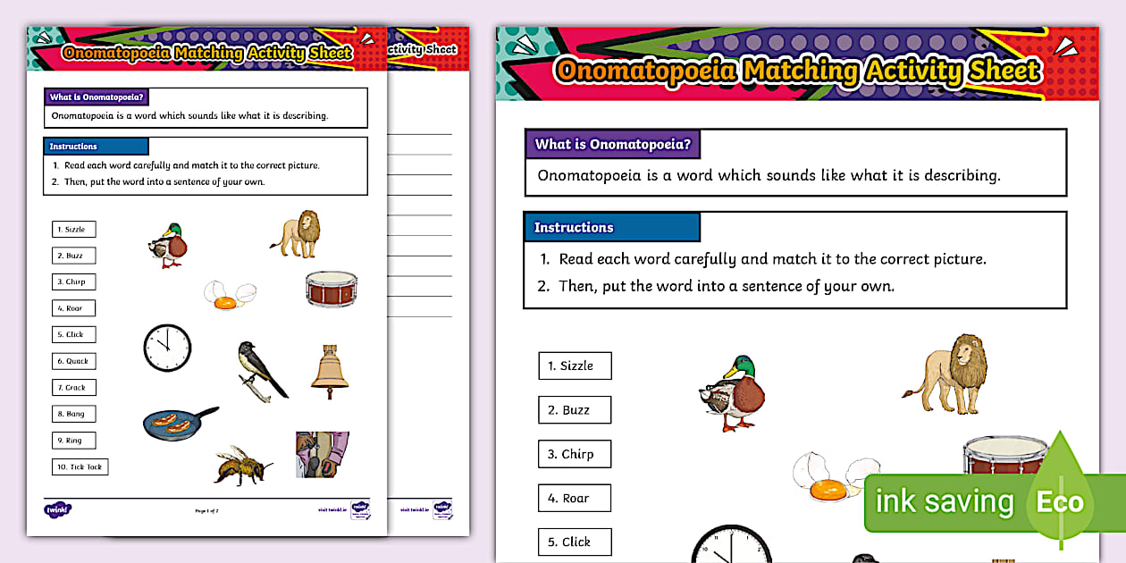 Onomatopoeia Matching Activity Sheet (teacher made) - Twinkl