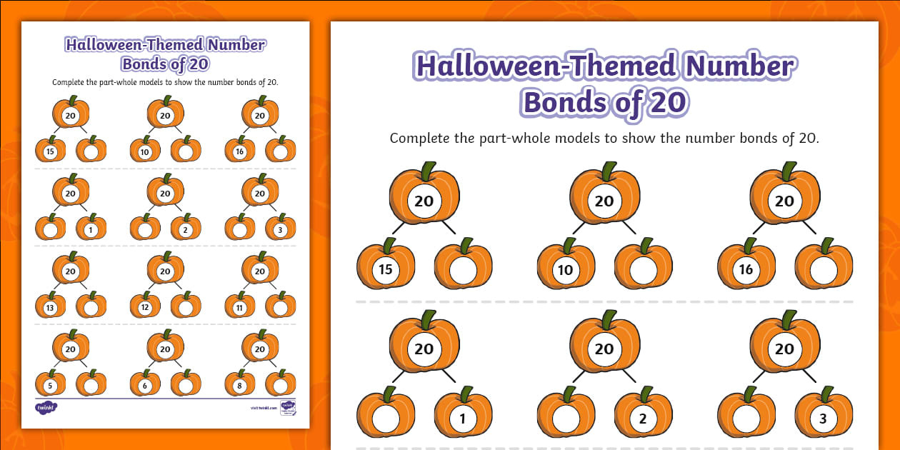 Halloween-Themed Number Bonds of 20 Worksheet - Twinkl - KS1