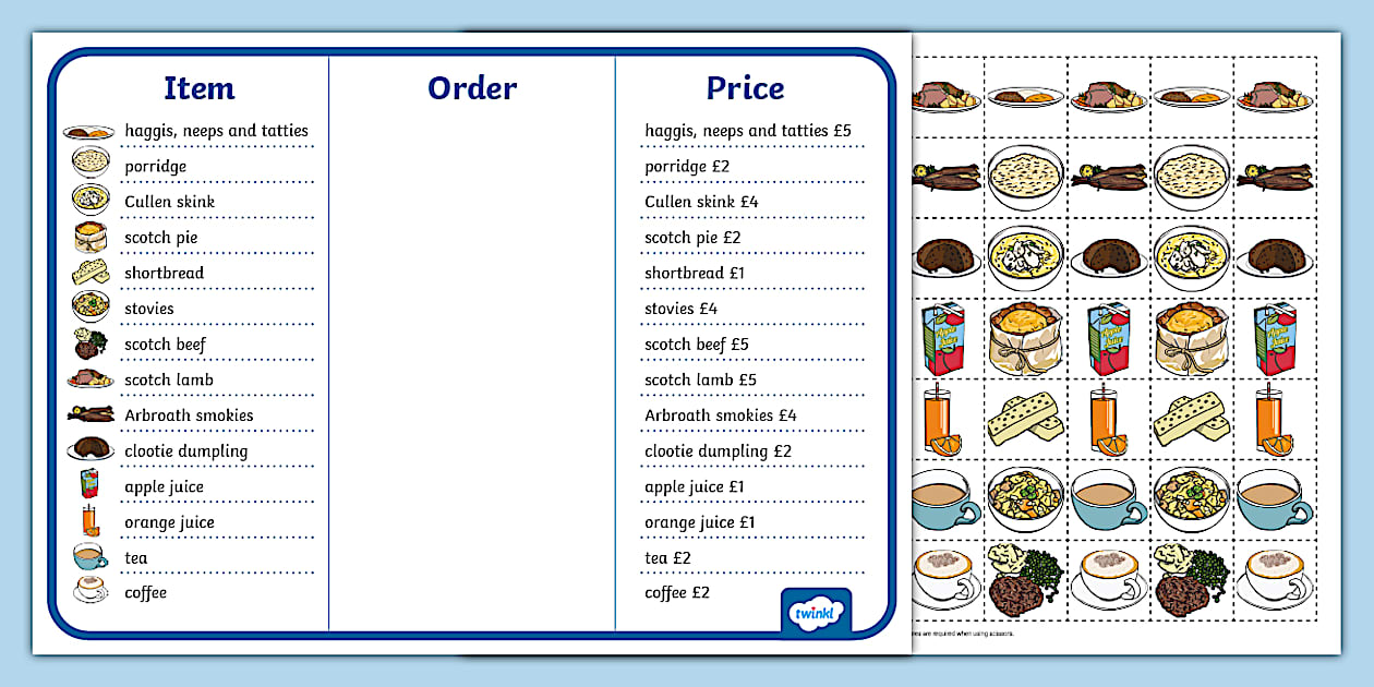 Scottish Cafe Role-Play Ordering Menu - Twinkl
