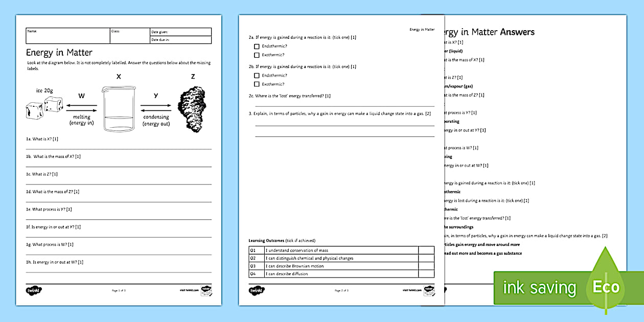 KS3 Energy in Matter Homework Worksheet / Worksheet - Twinkl