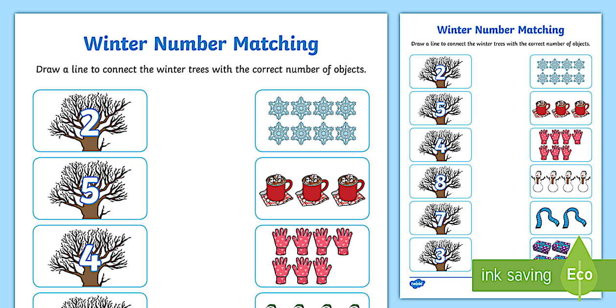 Winter Number Activities- Number Matching Worksheet - Twinkl
