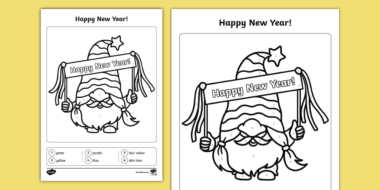 Gnome Happy New Year Colour by Number Worksheet - Twinkl