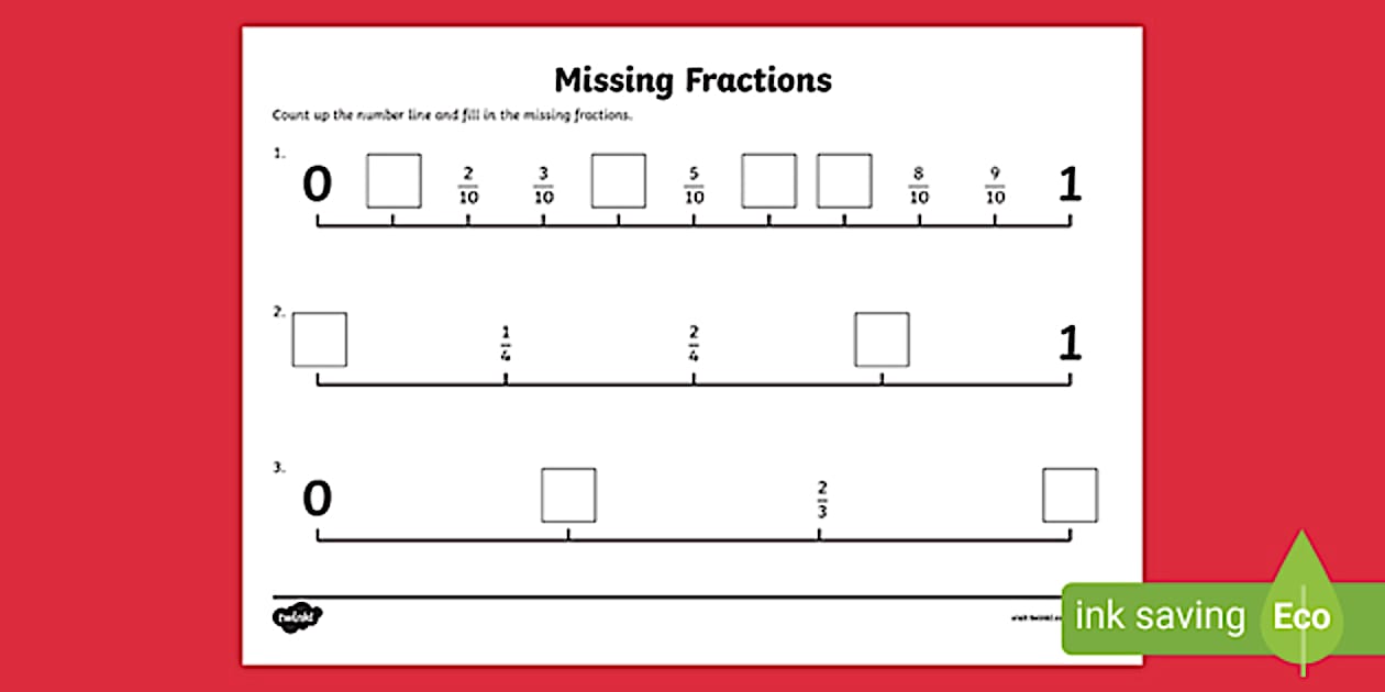 KS1 Missing Fractions on a Number Line Worksheet - Twinkl