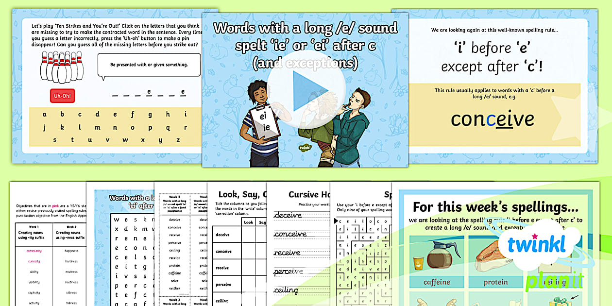 Words with a long /e/ sound spelt 'ie' or 'ei' Spelling Pack