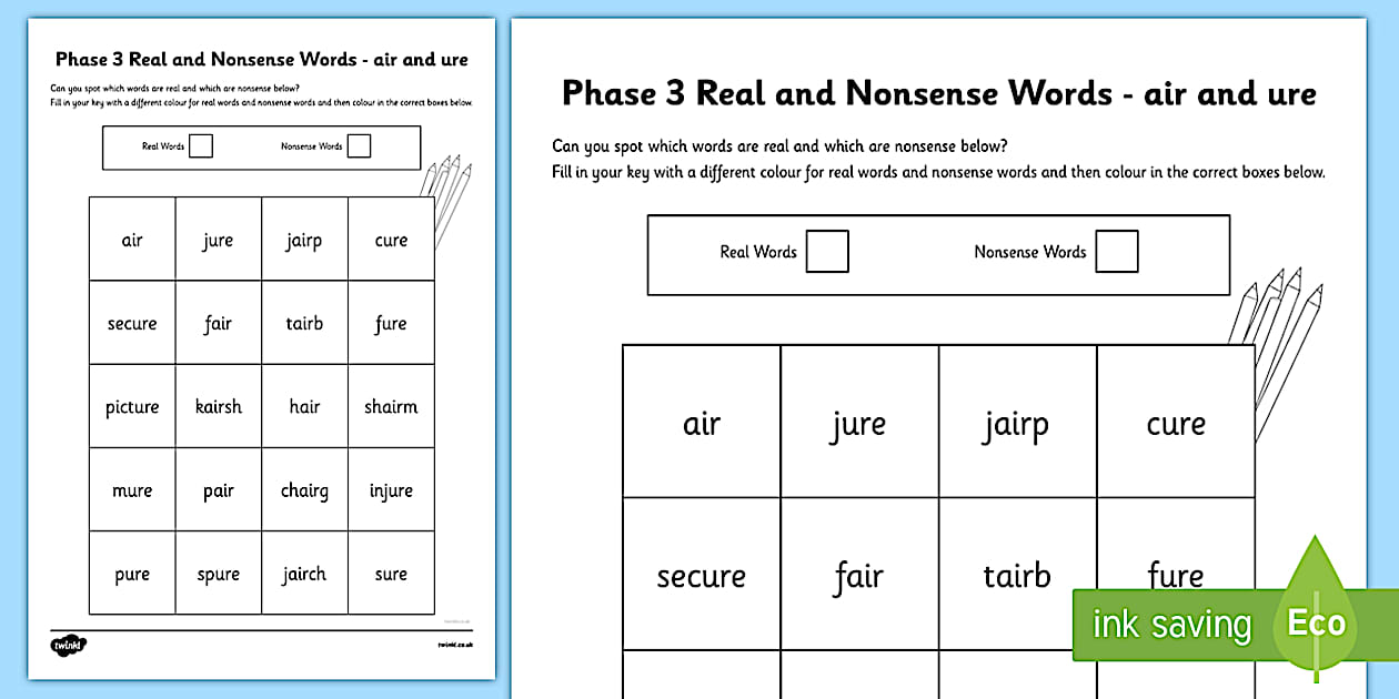 Editable Phase 3 air and ure Colour by Phoneme Real and Nonsense Words
