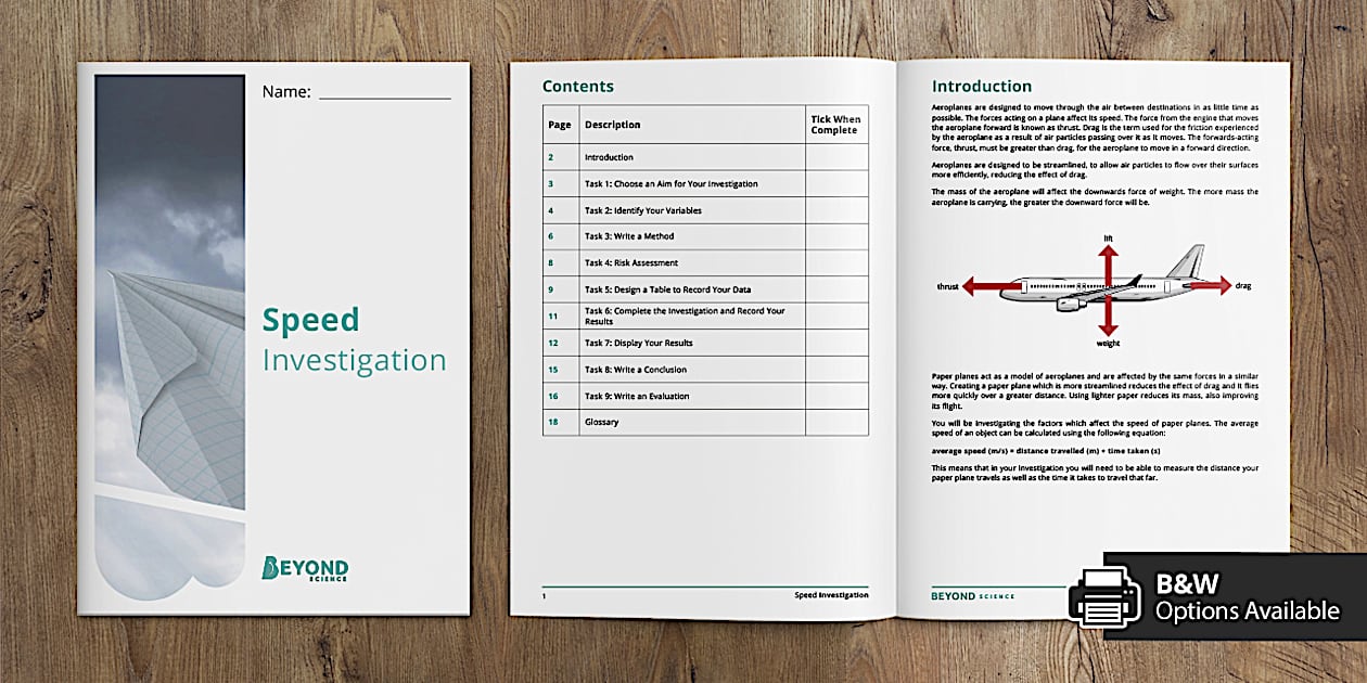 Paper Plane Speed Investigation Booklet (teacher made)
