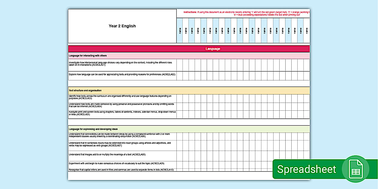Australian Curriculum Year 2 English Assessment Tracker